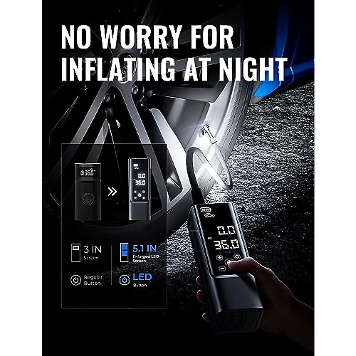 LISEN Tire Inflator Portable Air Compressor for Car Tires 2-IN-1 150PSI Cordless Car Tire Pump 8100mAh Battery & DC Cord 40L/min Fast Inflate Bike Pump Extra-large Screen For Car/Bike/Motorcycle/Ball