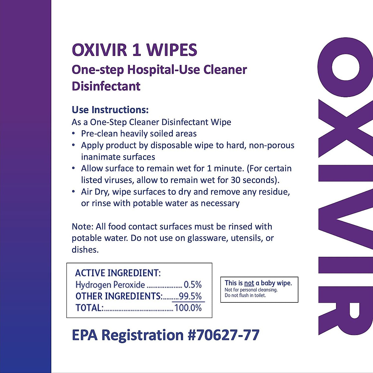 Diversey Oxivir 1 100962573 Disinfectant Wipes, Virucidal, Bactericidal, Tuberculocidal, Fungicide with Accelerated Hydrogen Peroxide, 60 Large 10"x10" Wipes, 1-Canister