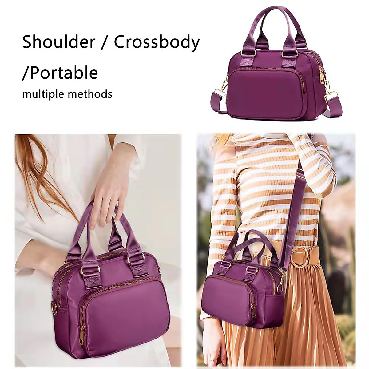 OPXTO Nylon Shoulder Handbags for Women, Waterproof Multi Lightweight Pocket Purses and Cross-body Bags. (Purple)
