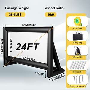 Inflatable Projector Screen, 24FT Blow Up Movie Screen Outdoor Projector, Easy Set Up One-Piece Design Front & Rear Projection with Air Blower for Outside Backyard Family Movie Night Pool Party