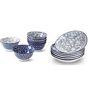 Selamica Porcelain 20oz Bowls Set Bundle with 8 inch Porcelain Pasta Bowls, Vintage Blue