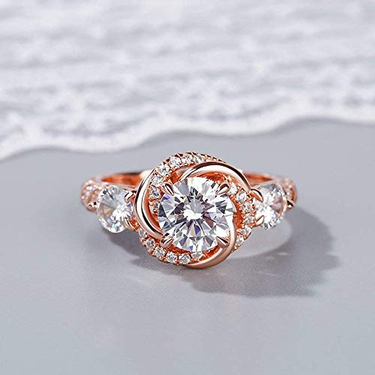 Jeulia 3ct Halo Simulated Diamond Engagement Rings 925 Sterling Silver Rose Gold Plated Eternity Band Rings Cubic Zirconia Anniversary Promise with Jewelry Gift Box