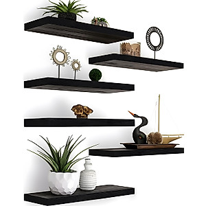 YYWUOJJ Wood Floating Shelves for Wall Decor, Rustic Wall Shelves for Bedroom Bathroom Kitchen Living Room, Set of 6 Black