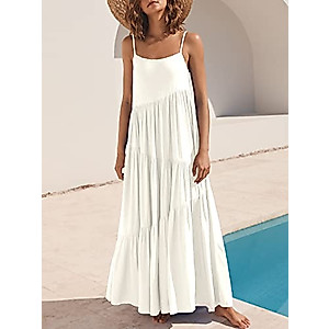 ANRABESS Women’s Summer Casual Loose Sleeveless Spaghetti Strap Tiered Asymmetric Beach Maxi Long Dress 523bai-S White