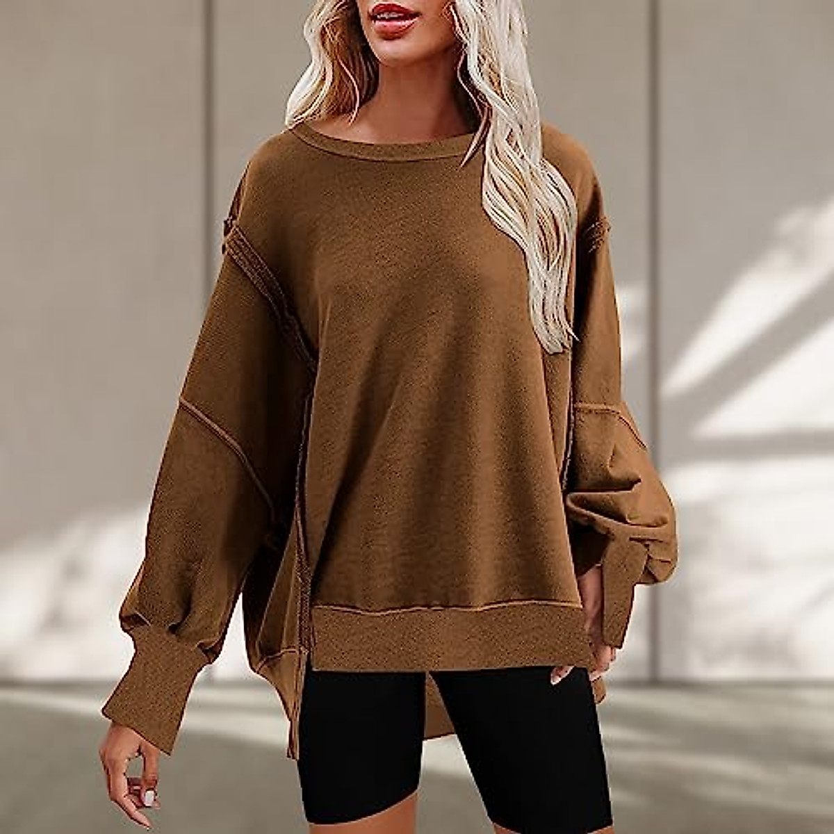 Bidobibo Womens Oversized Sweatshirts Fall Fashion for Women Women's Pullover Sweaters Womens Crewneck Sweatshirt Preppy Sweatshirt Sudadera Para Mujer My Orders Lightning Deals Of Today Brown