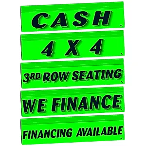 Versa Tags Windshield Slogan Stickers 12 Pack Each of Cash, 4X4, 3RD Row Seating, WE Finance, FINANCING Available (60) Window Stickers Total Dealership Stickers Black On Green