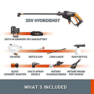 WORX 20V Cordless Pressure Washer WG625.4 Portable Power Hydroshot Cleaner Suitable for Car Washing & Surface Cleaning w/ Accessories, 1*2.0Ah Battery&0.4A Charger Included w/ 5-in-1 Adjustable Nozzle