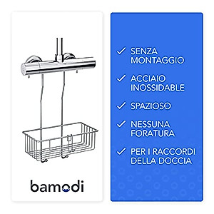 Bamodi Shower Caddy Hanging Stainless Steel | Rustproof Hanging Basket with Hooks-Shower Shelf Bathroom Accessory with Silicone Sleeves and Rubber Rings for Noise Cancelling (15.7x 9.8x 5 Inches)