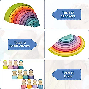 TEKOR 35 Pcs Wooden Rainbow Stacking Toy Set, Montessori Building Blocks for Toddler Girl Boy, Stacker Puzzle Educational Preschool Gifts for Kids, Semi-Circle, Stacking Blocks, Little Peg Dolls