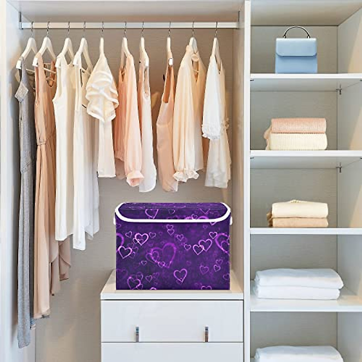 RunningBear Hearts Purple Large Storage Bins with Lid Collapsible Storage Bin Cube Storage Bin Fabric Storage Baskets for Living Room Bedroom