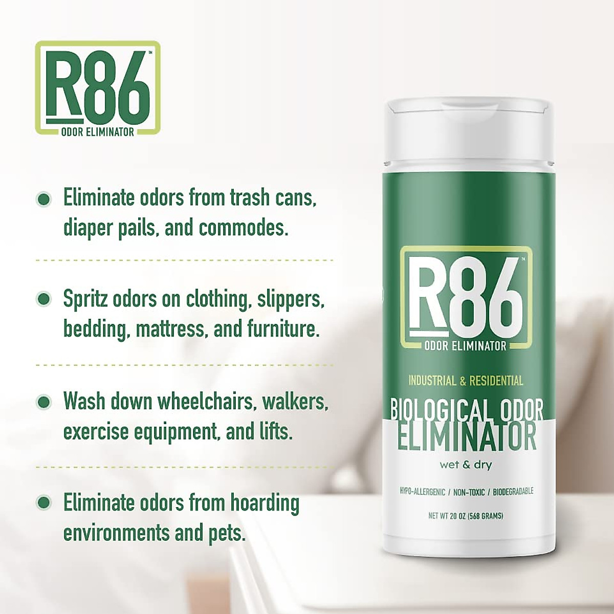 R86 Biological Odor Eliminator - Neutralize Urine Odor, Diaper Pail Odor – Use As Fabric Spray For Bedding, Mattress, Clothing – Laundry Additive - Natural Formula, Use Wet or Dry