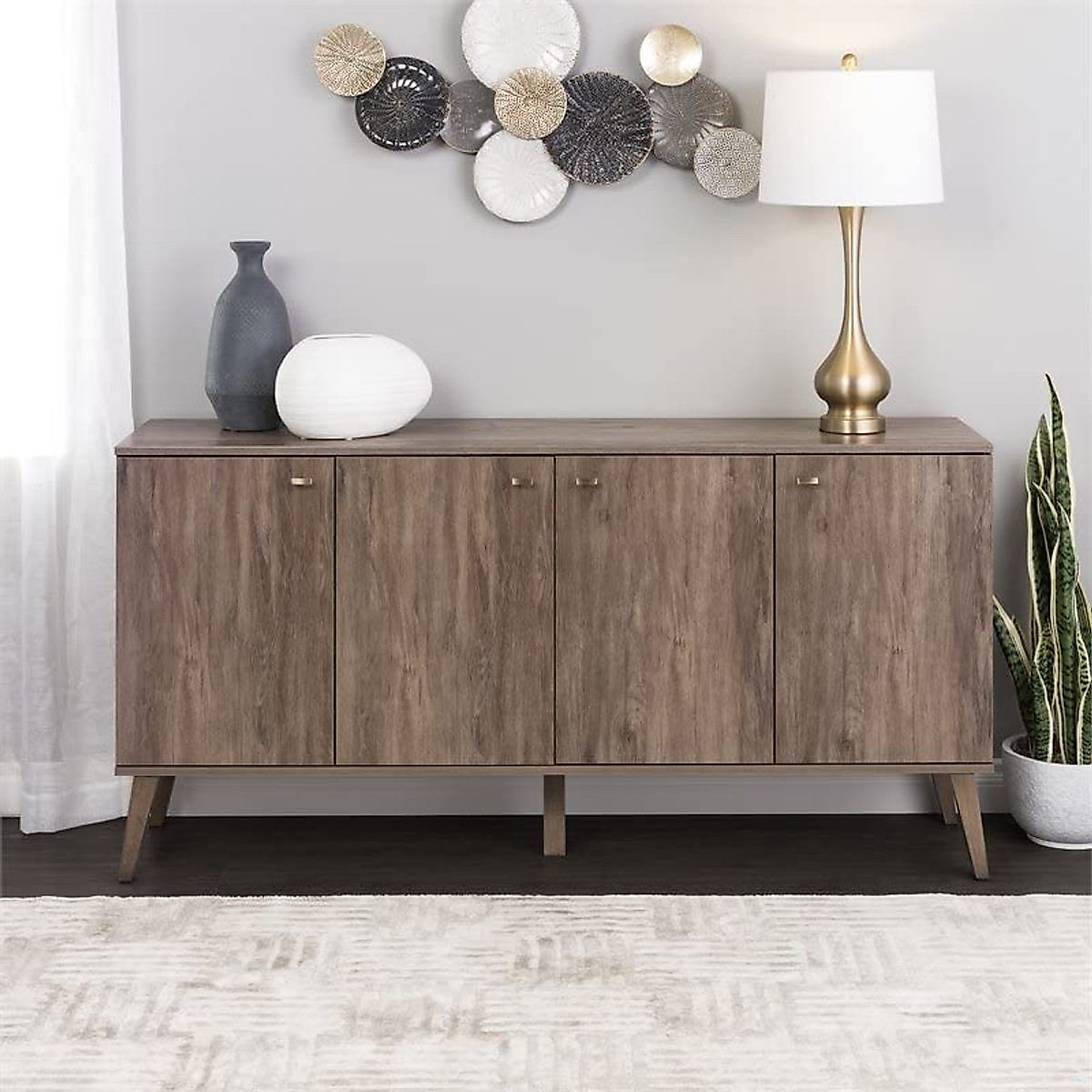 Prepac Milo Mid-Century 4 Door Buffet, 16" D x 64" W x 32" H, Drifted Gray