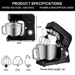 ROVSUN 7.5 Quart Stand Mixer, 660W 6-Speed Electric Tilt-Head Kitchen Food Mixer with Stainless Steel Bowl, Dough Hook, Beater, Whisk (Black)