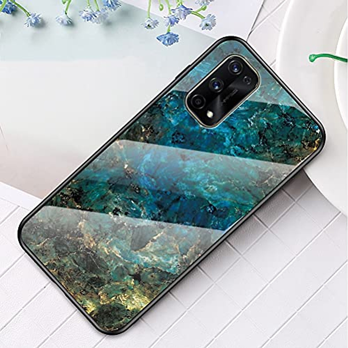 Grandcaser Case for Realme 7 Pro Ultra-Thin TPU Bumper Marble Polished Granite Pattern Glass Case Never Fade Protective Cover for Realme 7 Pro 6.4" -Emerald