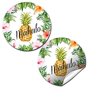 Watercolor Pineapple Mahalo Thank You Sticker Labels, 40 2" Party Circle Stickers by AmandaCreation, Great for Party Favors, Envelope Seals & Goodie Bags
