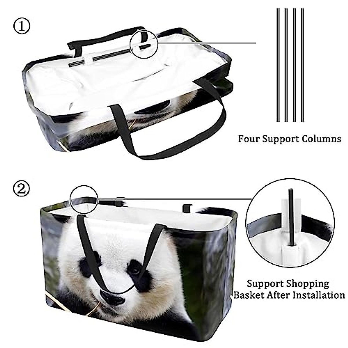 KQNZT Reusable Grocery Bags, Heavy Duty Reusable Shopping Bags, Large Tote Bags with Long Handles and Reinforced Bottom, Animal Panda