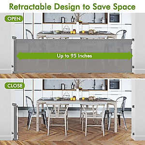 95 Inch Long Baby Gate Retractable Dog Gate for Large Openings Retractable Baby Gates New Upgrade Stair Gates for Kids or Pets Indoor Outdoor Retractable Gate Mesh Dog Gate for Stairs, Doorways, Gray