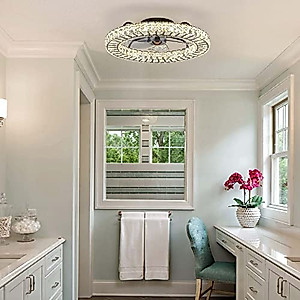 7PM Flush Mount Ceiling Fan with Light, 22" Modern Crystal Chandelier Ceiling Fan with 30W Stepless Dimmable LED Smart 4-Light Color Change and 6 Speeds, Low Profile Ceiling Fan for Bedroom, White