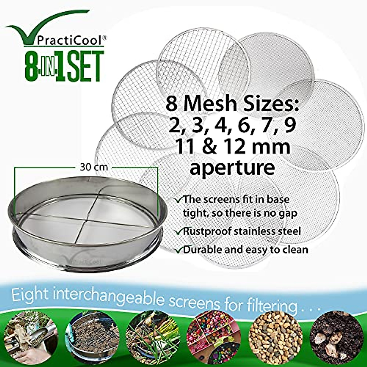 Practicool Garden Potting Mix Sieve - Stainless Steel Riddle - Soil sifting pan - with 8 Interchangeable Filter mesh Sizes - 2,3,4,6,7,9,11,12 mm and Bonus Spade