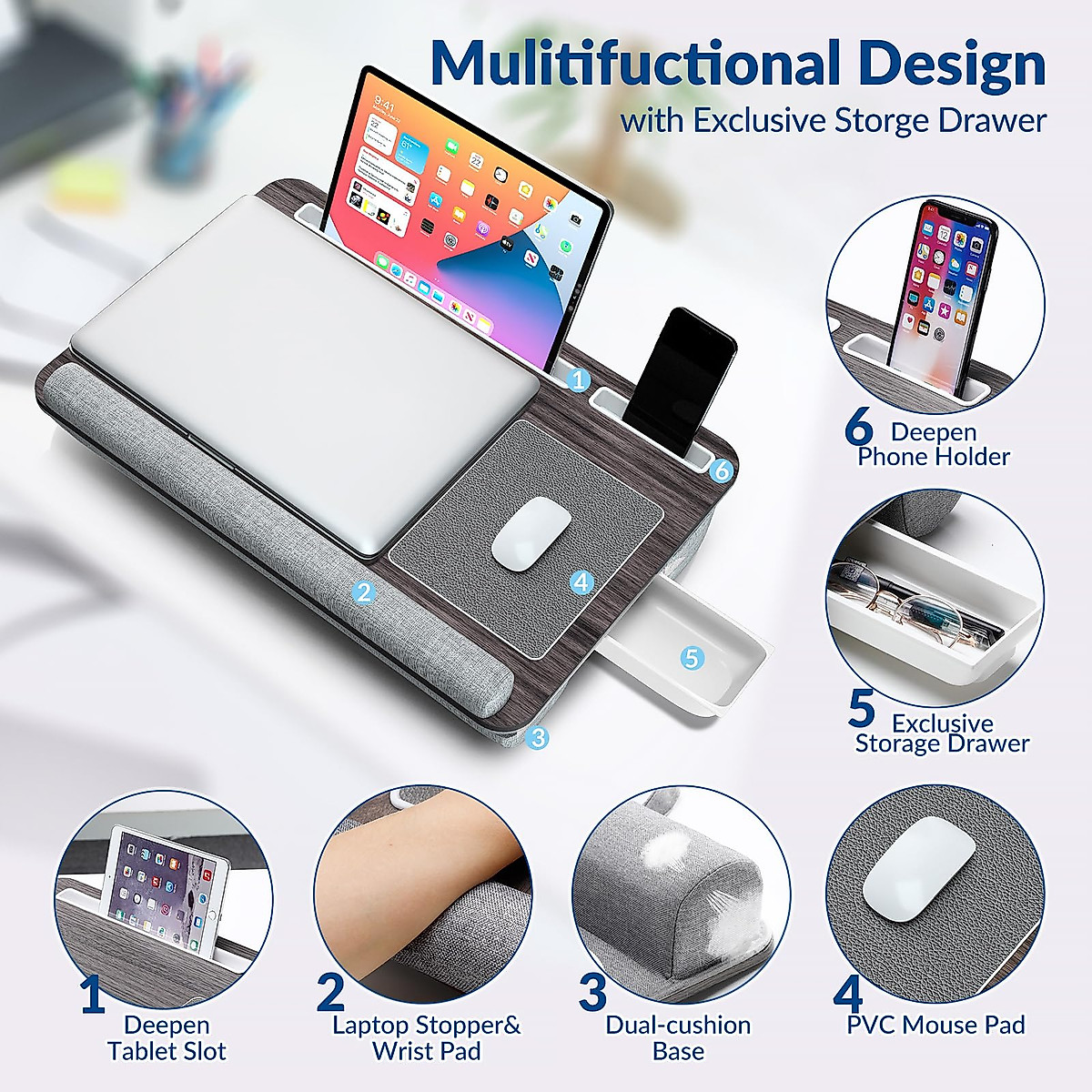 Gimars Home Office Lap Desk Fits up to 17 Inches Laptop with Dual Cushion,Wrist Rest, Built-in Mouse Pad, Tablet Phone Holder and Storage Drawer, Grey