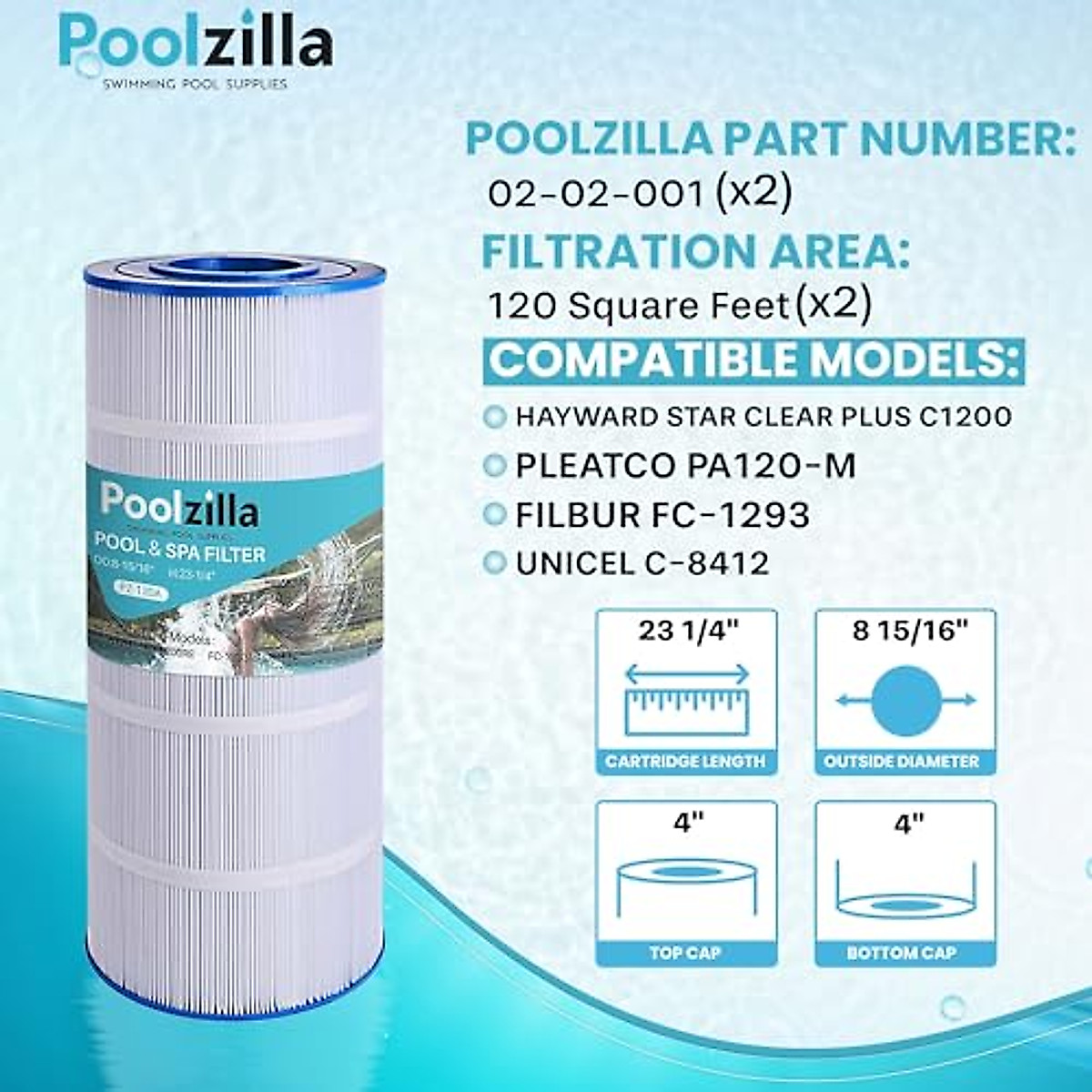Poolzilla 2 Pack Replacement for Pool Filter PA120, CX1200RE, C1200, Unicel C-8412, Filbur FC-1293, Waterway Clearwater II, Pro Clean 125, 817-0125N, Aladdin 22002, 120 sq.ft Filter Cartridge