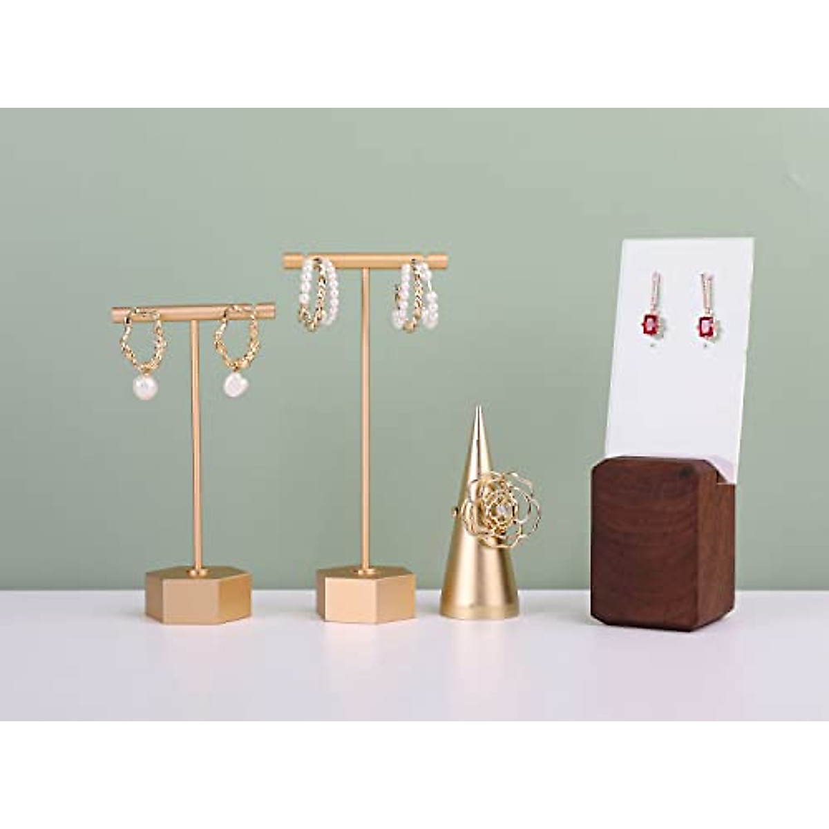GemeShou Gold Metal Earring T Bar Stand Retail display holders for show, Jewelry Online stores Photography Display Props Organizer【Gold-Hexagon Base Height 4.5"】