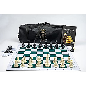 Mynnnat Professional Chess Set, Thick Tournament Roll up Board and Pieces with Travel Bag, Checkers and Unique Booklet for Chess Training - White & Green