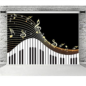 Piano Theme Backdrop for Photography Golden Musical Notes and Piano Keyboard Background for Kids Birthday Party Art Studio Photo Banner Props 7x5ft