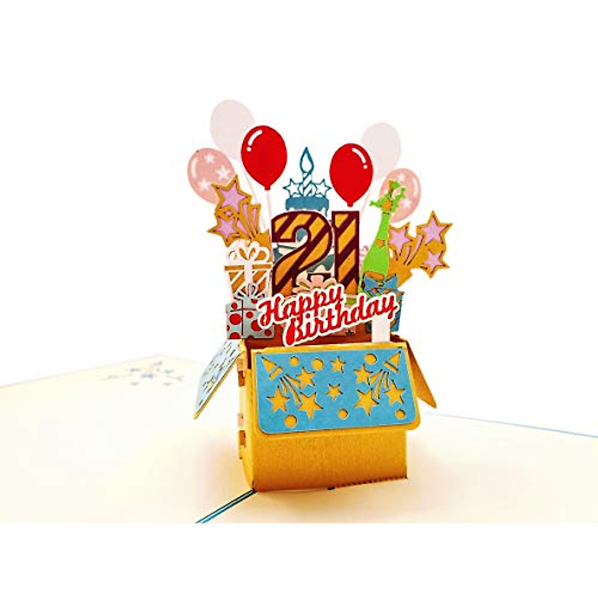 iGifts And Cards Happy 21st Blue Birthday Party Box 3D Pop Up Greeting Card - Awesome Twenty-one, Cute, Congrats, Unique, Celebration, Feliz Cumpleaños, Balloons, Gift, Presents