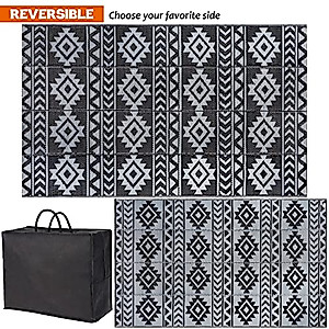 SAND MINE Reversible Mats, Plastic Straw Rug, Modern Area Rug, Large Floor Mat and Rug for Outdoors, RV, Patio, Backyard, Deck, Picnic, Beach, Trailer, Camping (5' x 8', Black & Grey)