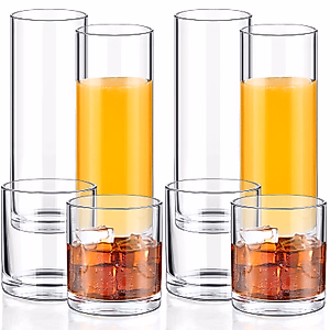 Rtteri 8 Pcs 9.8 oz Drinking Glasses Set, 4 Clear Whiskey Glasses and 4 Highball Glasses, Old Fashioned Cocktail Glasses Bourbon Rocks Glass Cups Tall Crystal Glass for Bar Glassware Water Wine Juice