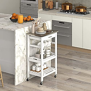 IFANNY Kitchen Island Cart, White Rolling Cart with Stainless Steel Table Top, Drawer, Metal Baskets & Wooden Tray, Wood Storage Cart on Wheels, Modern Serving Cart for Restaurant, Hotel