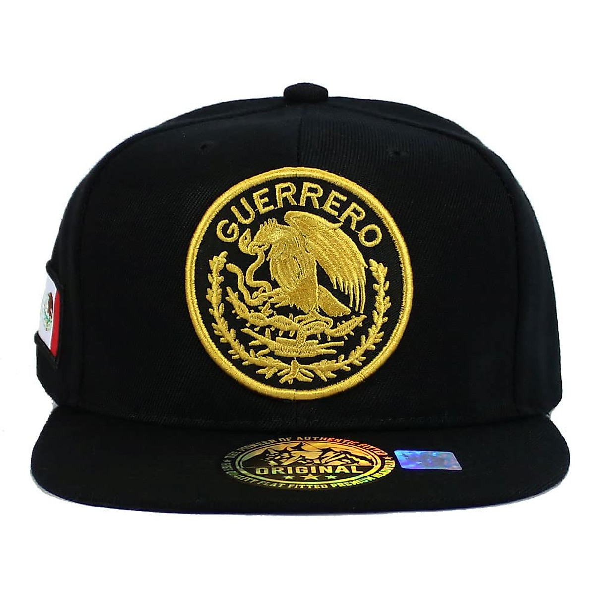 Mexican Hat Mexico State Federal Logo Embroidered Snapback Flat Bill Baseball Cap (Guerrero- Black/Gold), Large-X-Large