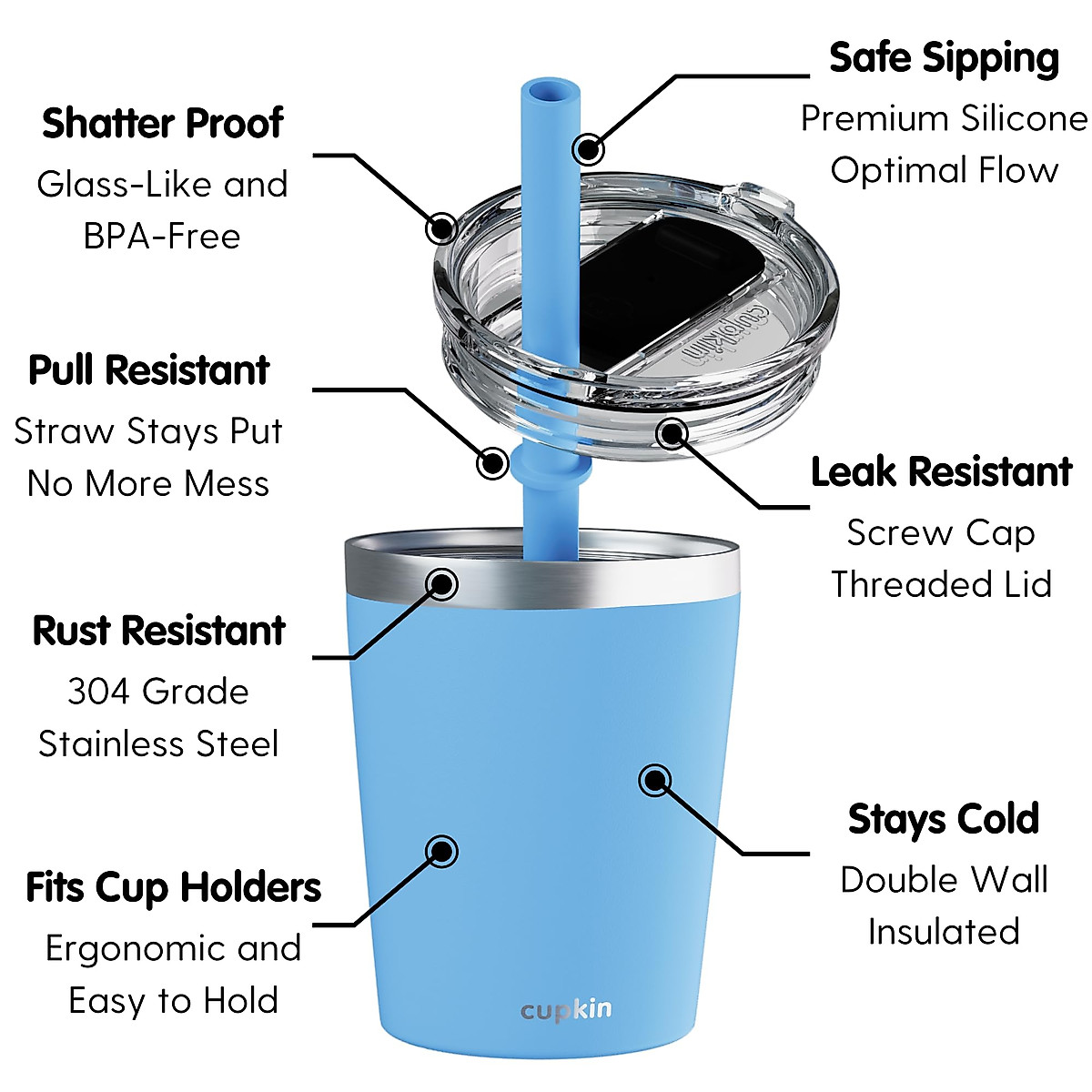 CUPKIN Stackable Stainless Steel Kids Cup Smoothie Tumbler, Powder Coated Insulated Tumblers, BPA Free Lid and Silicone Straw 8 Fl Oz (Pack of 1), Bright Blue