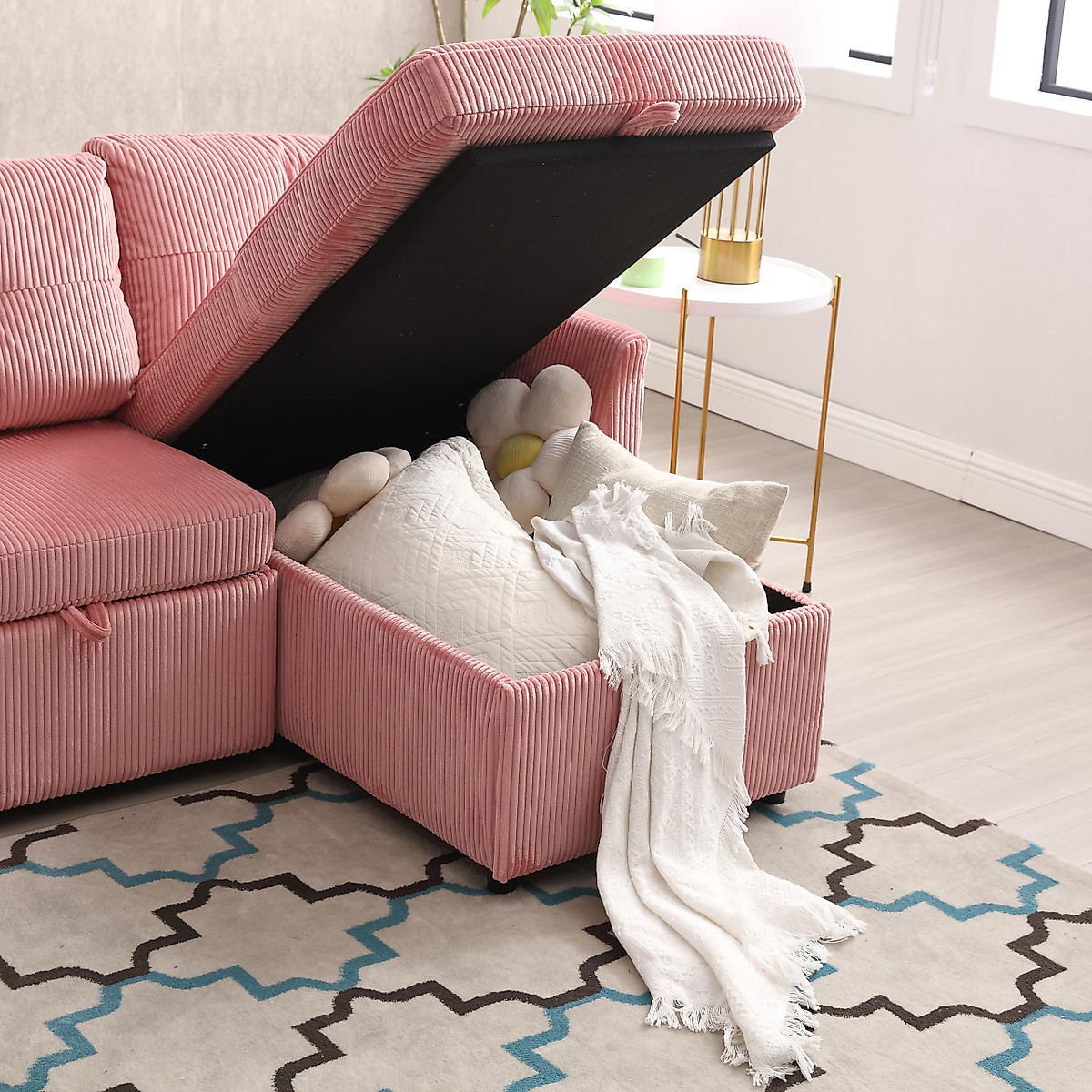 3 Seater Convertible Sleeper Sectional Sofa Bed with Reversible Chaise Lounge and Pull Out Bed , Comfy Corduroy Upholstered Sleeper Corner Couch Bed, L Shaped Pullout Sofabed for Small Places RV