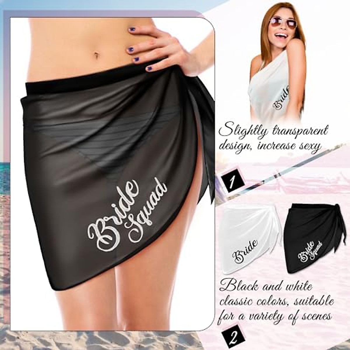 Jiuguva 10 Pcs Bride Bikini Cover up Bridesmaid Sarong Women Bathing Suit Wrap Bride Wedding Swimwear Chiffon (White, Black,55 x 19.7 Inch)