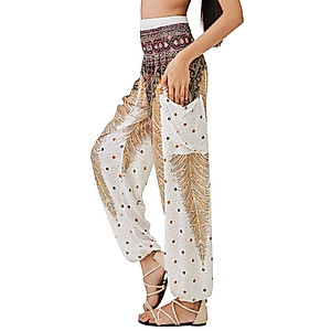 Joob Joob Boho Pants for Women - Hippie Harem Pants Women - Womens Yoga Pants – Comfy Bohemian Flowy Hippie Clothes - Medium White