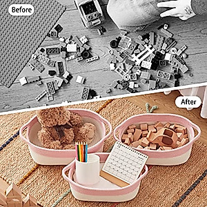 OIAHOMY Cotton Rope Storage Basket, Set of 5 Woven Baskets for Organizing with Handles, Decorative Basket for Baby Nursery, Dog Cat Toy Baskets - Pink & White