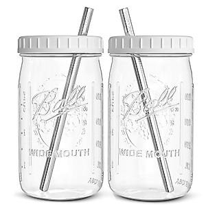 Reusable Wide Mouth Smoothie Cups Boba Tea Cups Bubble Tea Cups with Lids and Silver Straws Mason Jars Glass Cups (2-pack, 32 oz mason jars)
