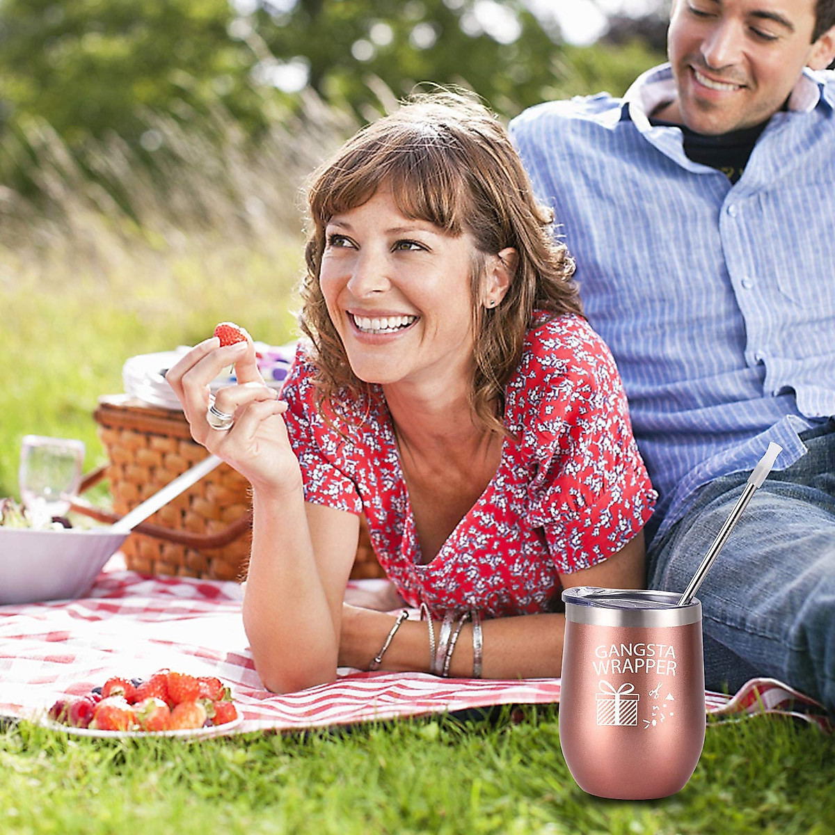 Christmas Stemless Wine Tumbler Set of 4, Funny Christmas Gifts for Women Wine Lovers Mom Sister Best Friends, Housewarming Gifts, Insulated Stainless Steel Wine Tumbler with lid(12oz, Rose Gold)