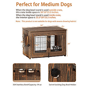 Piskyet Wooden Dog Crate Furniture with 360°Rotatable Removable Dog Bowls, Dog Crate End Table with Tray, Double Doors Dog Kennels for Dogs(M:31.8" L*22.1" W*24.1" H, Rustic Style)