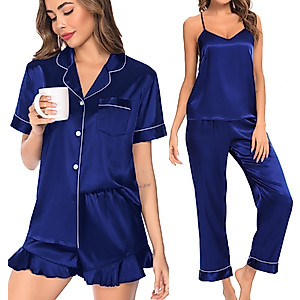SWOMOG Womens 4 Piece Pajamas Silk Button Down Tops Satin Cami Tank Top Ruffle Shorts Lounge Sets Summer Pjs Soft Sleepwear
