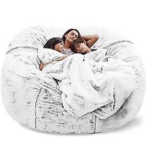 Giant Fur Bean Bag Chair Cover for Kids Adults, (No Filler) Living Room Furniture Big Round Soft Fluffy Faux Fur Beanbag Lazy Sofa Bed Cover (Snow Black, 7FT)