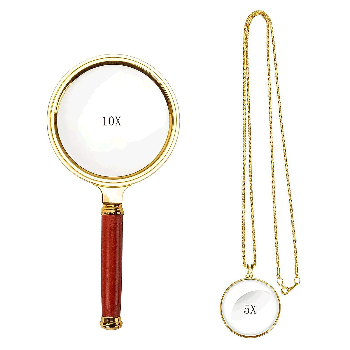 10X Handheld Magnifier Mahogany Handle Magnifier and 5X Necklace Magnifier Reading Magnifying Glass for Reading,Insect Observation, Rocks, Map, Crossword Puzzle,Jewelry