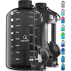 AQUAFIT Half Gallon Water Bottle With Times To Drink - 64 oz Water Bottle With Straw - Water Jug - Motivational Water Bottle - Large Water Bottle - Sports Water Bottle With Time Marker for Gym