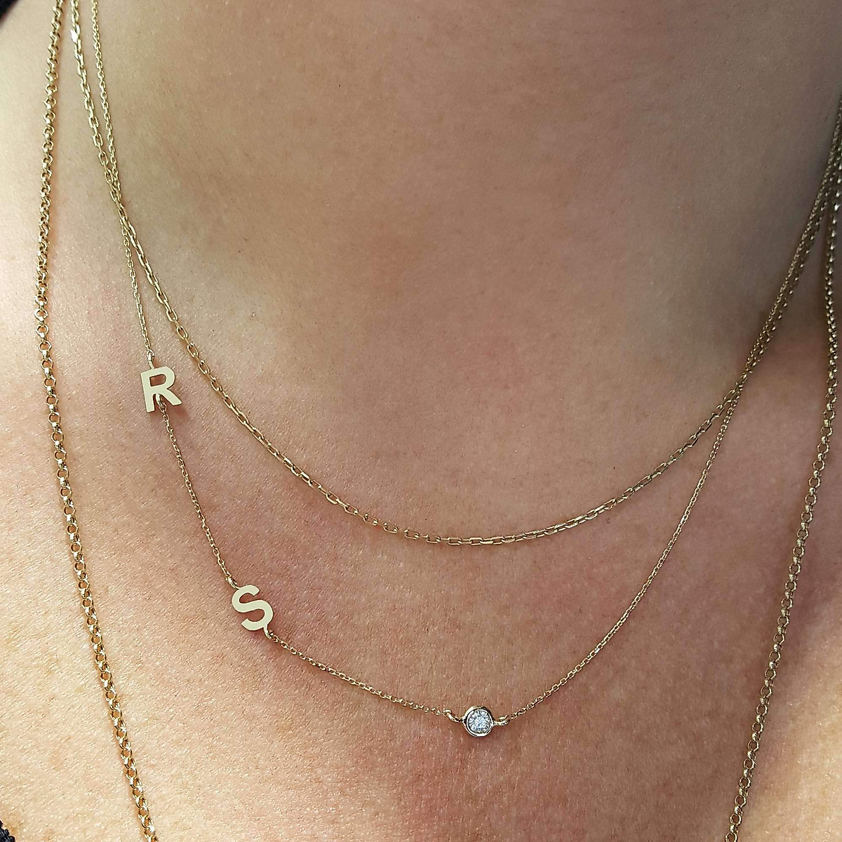 14k Sideways Initial Gold Necklace w Solitaire Diamond, Custom Multiple Letter Necklace, Personalized Solid Gold Initial Diamond Letter Necklace, Personalize Birthstone Bridesmaid Gift.