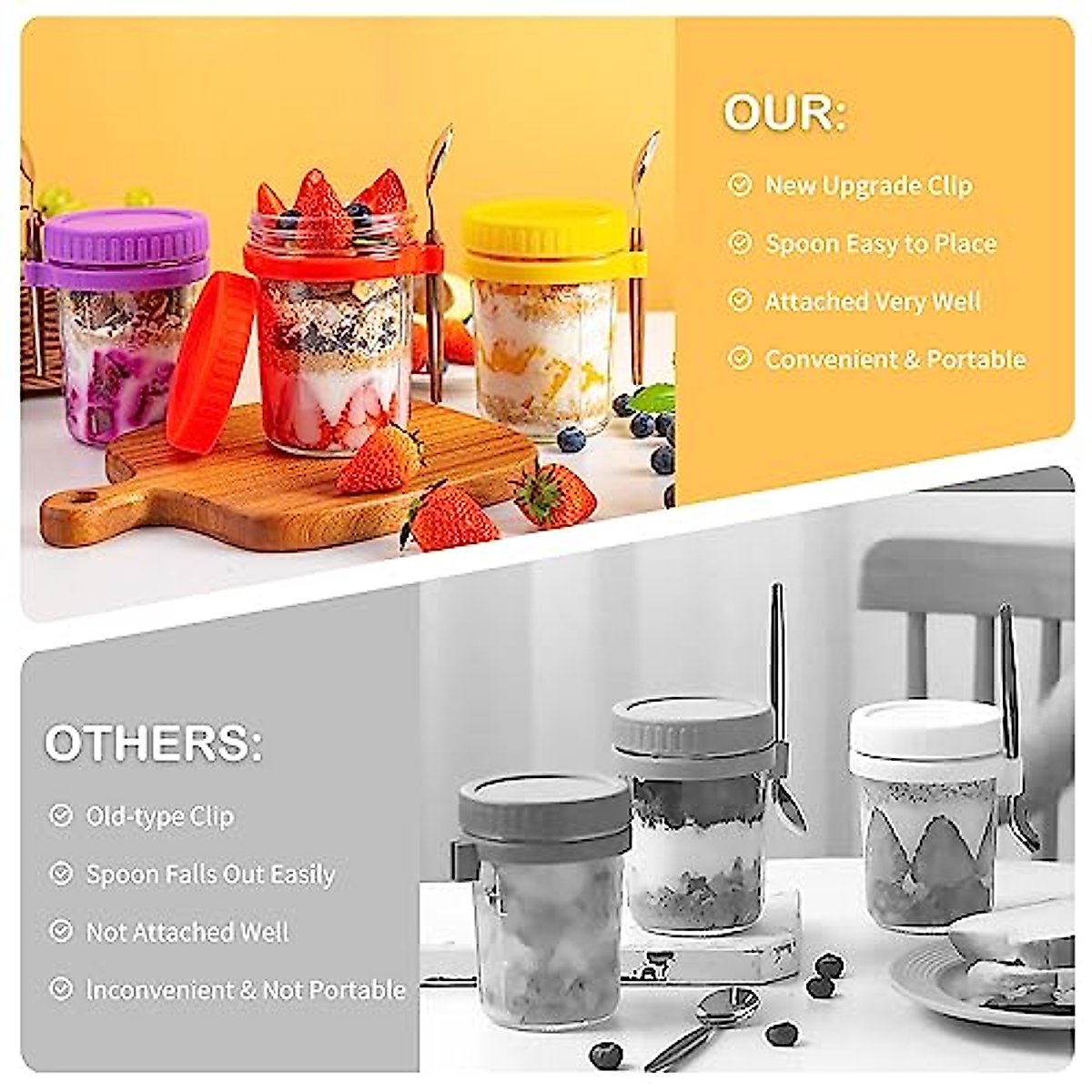 Overnight Oats Jars with Spoon and Lid (15 oz6Pack), Airtight Oatmeal Container with Measurement Marks, Mason Jars with Lid for Cereal On The Go Container (6Pack)