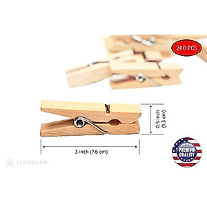 Eldorado Clothespins, Standard Natural Wooden, Stain Proof, 3 inch, 200 Value Pack, for Multipurpose Everyday Laundry, Clothes, Towels, Craft, Photos, Pictures, Decor, Baby Shower, Art Wall