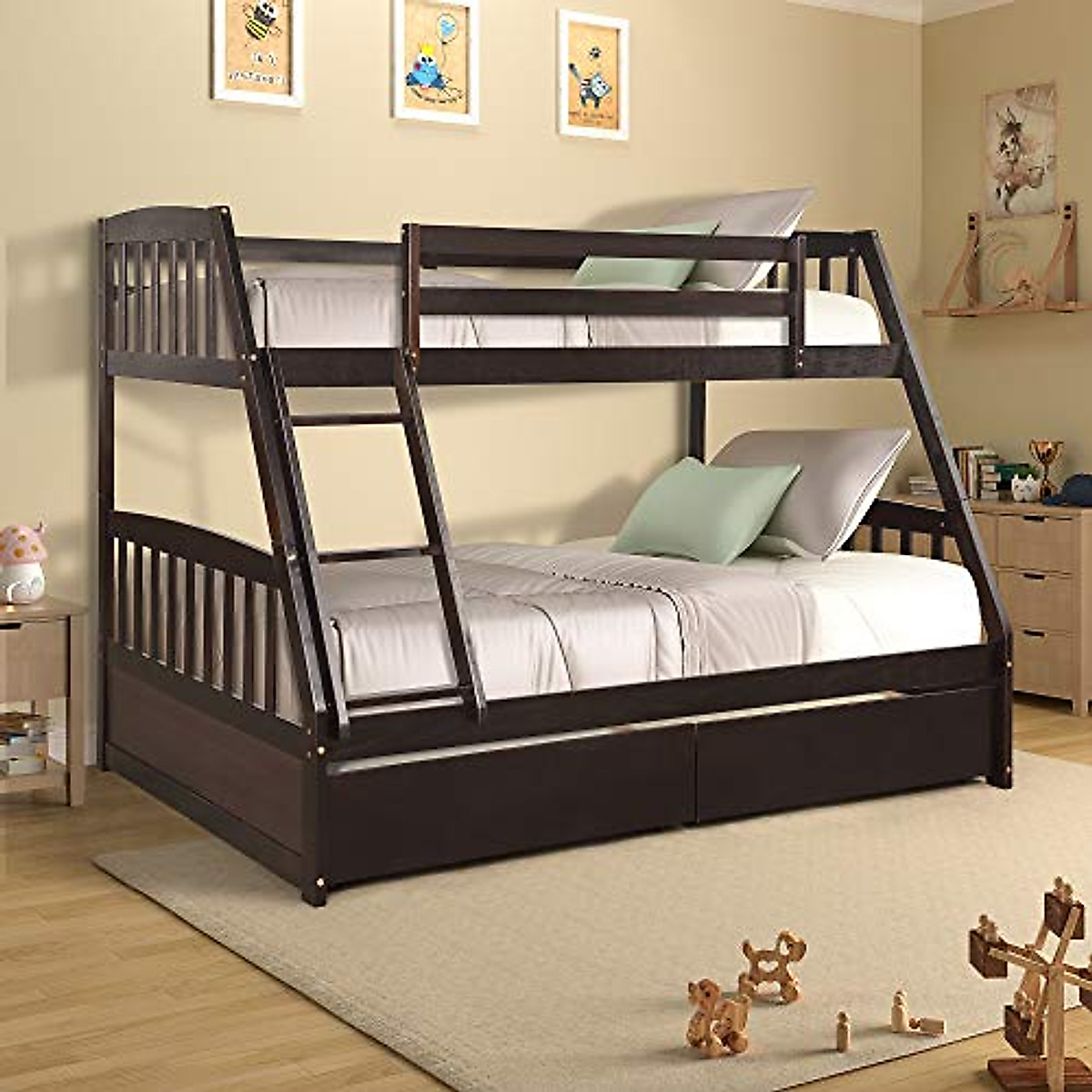 Solid Wood Twin Over Full Bunk Bed with Two Storage Drawers (Espresso)