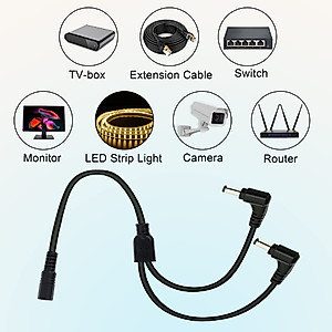 GINTOOYUN DC Splitter Cable 1 Female to 2 Right Angle Male, 12V DC 5.5mm x 2.1mm Y Splitter Adppter Female to 90 Degree Male Extension Cable 0.7m (1 to 2 Right Angle Way)